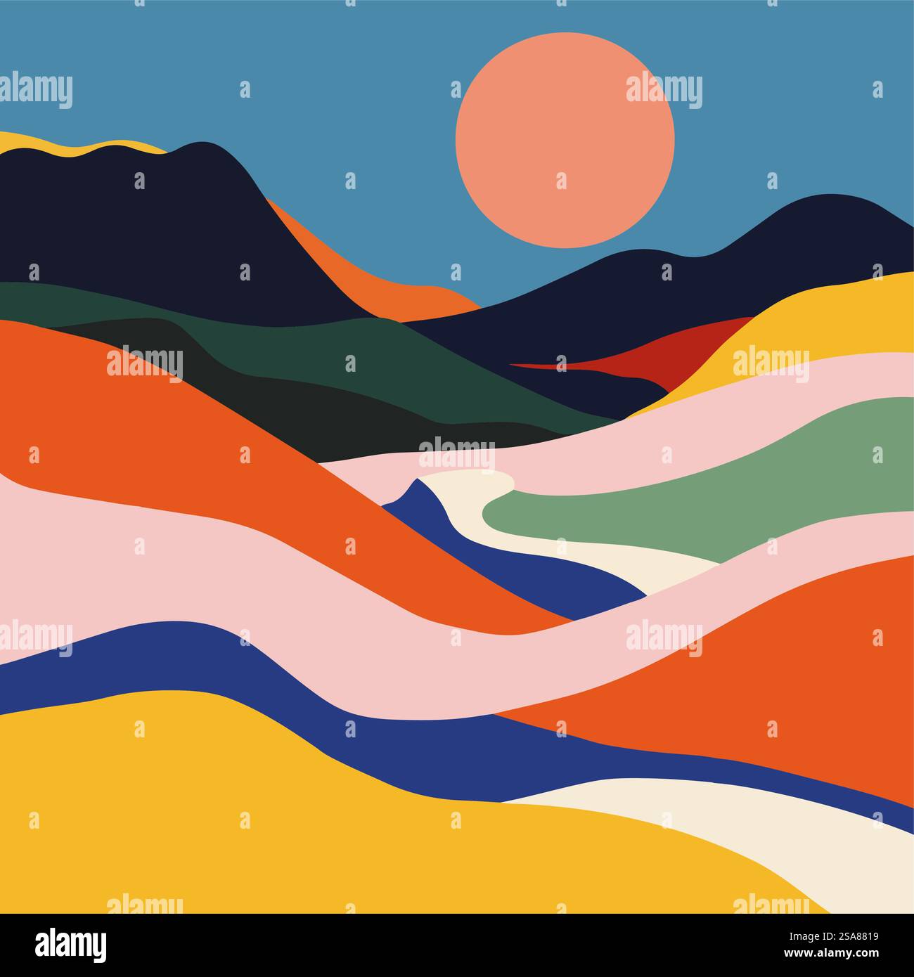 Abstract colorful landscape pattern with flowing shapes and a sun ...