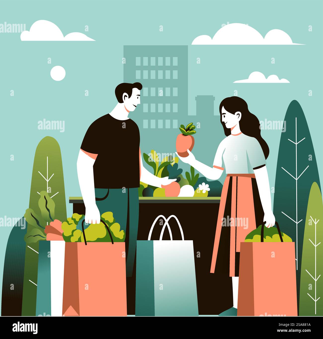 Vector illustration of two people shopping for groceries with a city ...