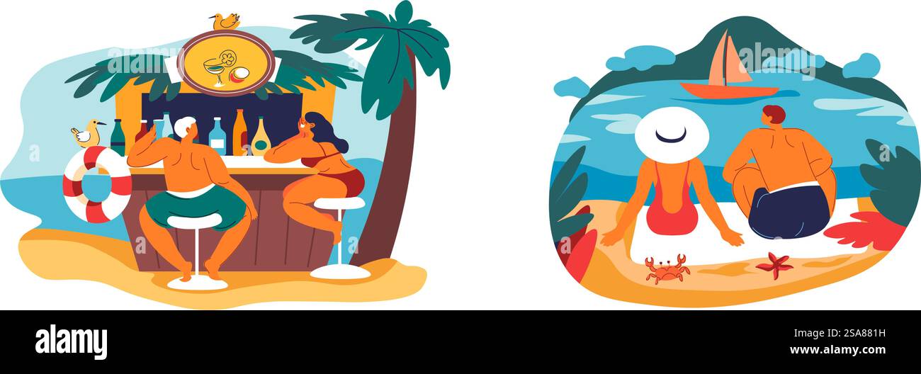 Illustration of a beach bar with a couple sitting, and a couple on the ...