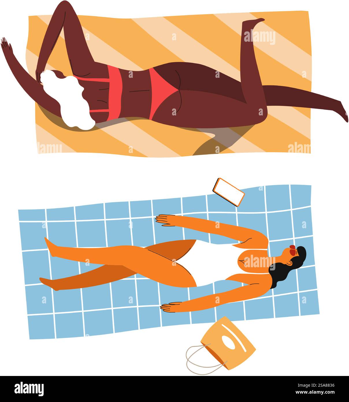 Vector illustration of women sunbathing in summer, flat design ...