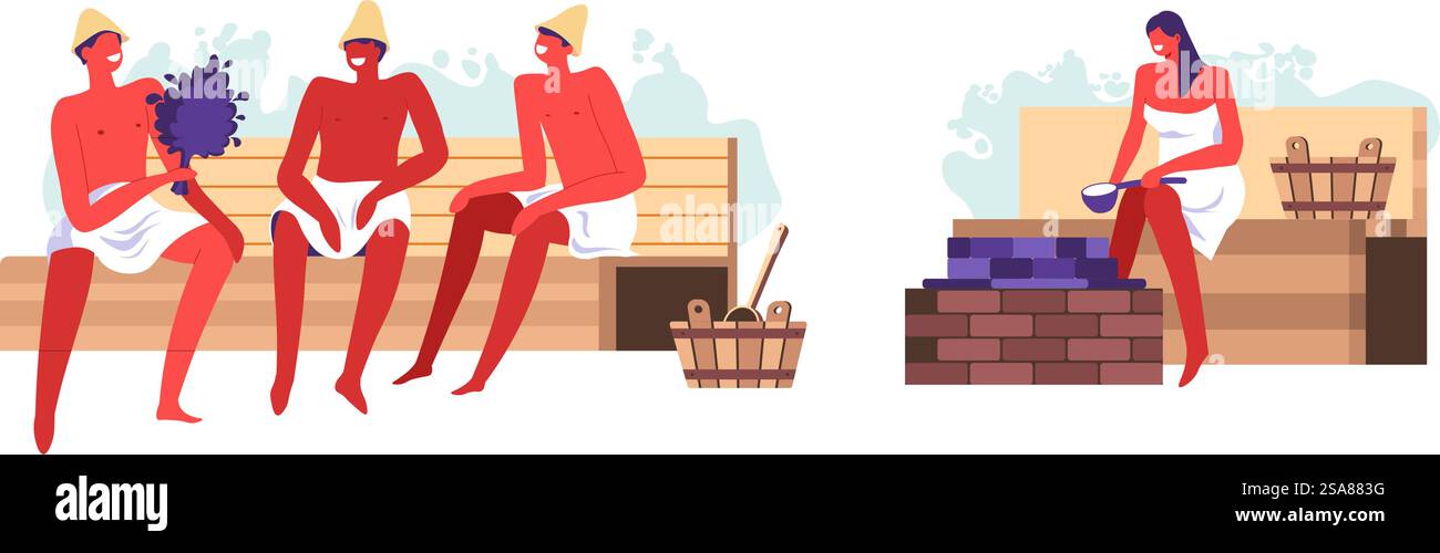 Illustration of friends enjoying a sauna session, in a colorful flat design style. Isolated on ...