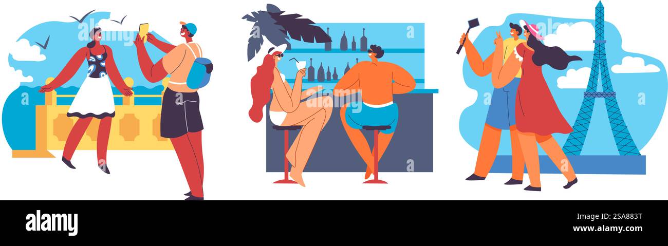 Illustration of tourists visiting famous landmarks and taking photos ...