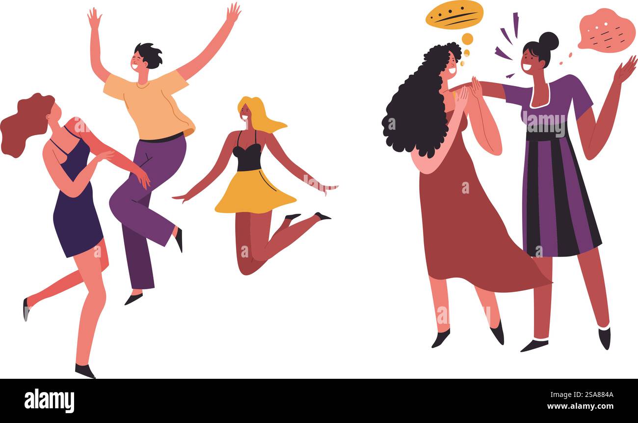 Illustration of friends enjoying a dance party, dancing and chatting in a vibrant vector style ...