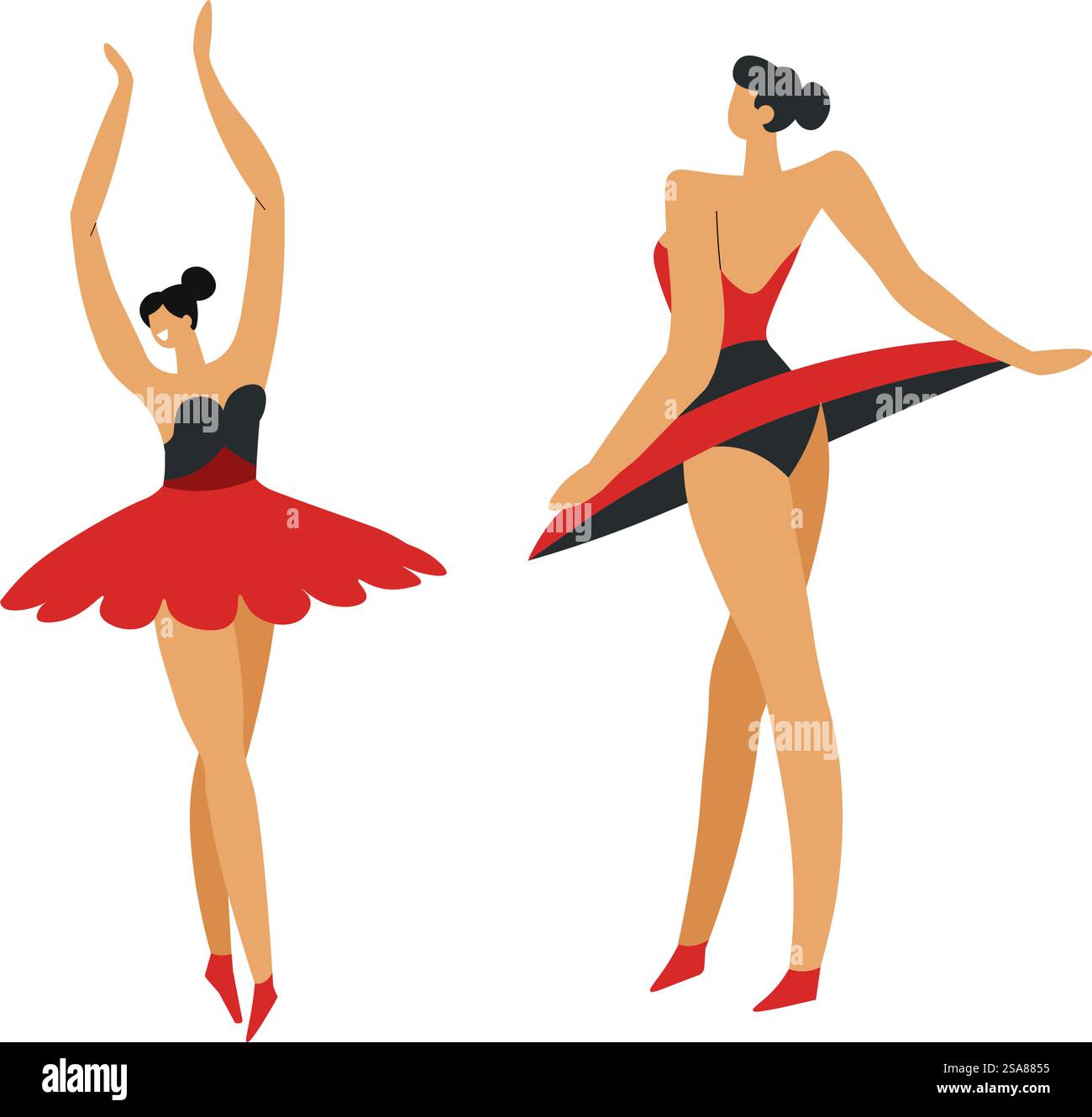 Illustration of two ballerinas in different dance poses, wearing red and black outfits, in a ...