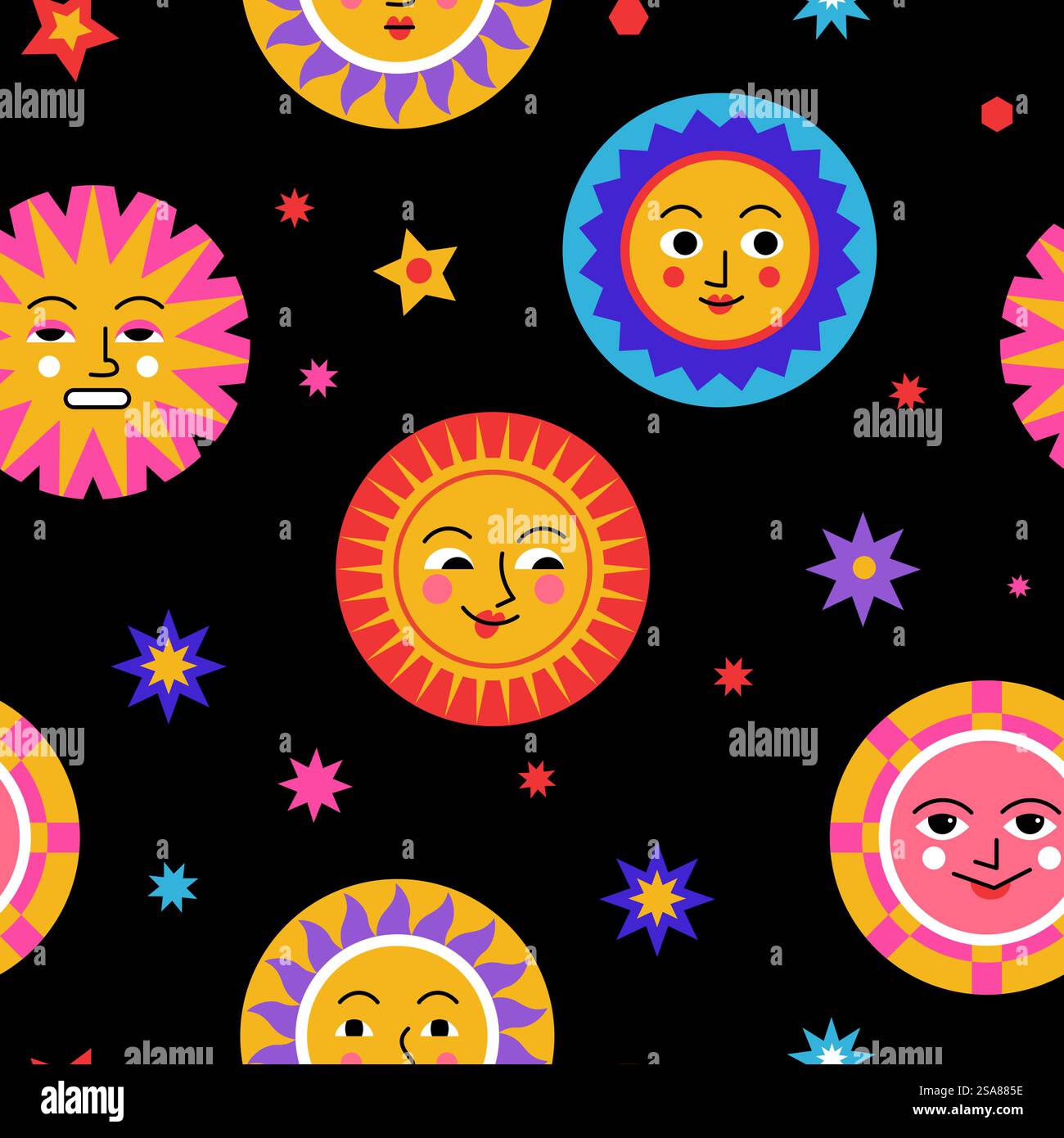 Seamless pattern featuring sun faces on a black background in a ...