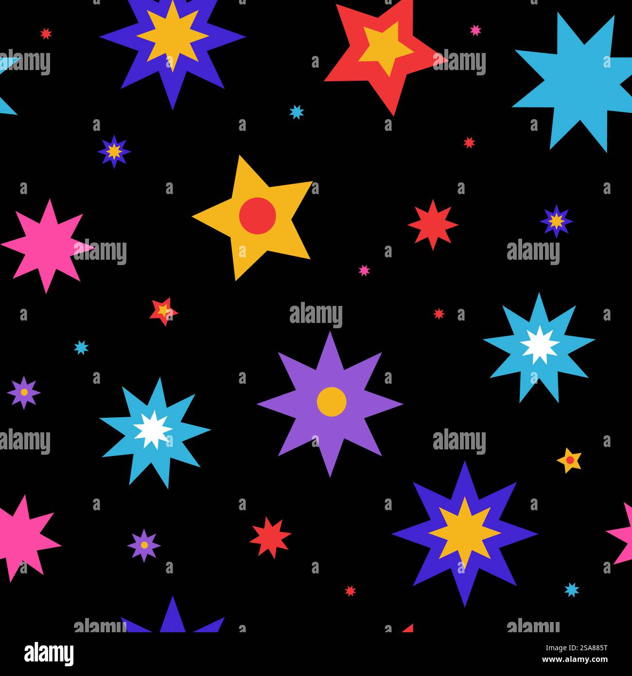 Seamless pattern featuring multicolored stars in a playful vector illustration style. Perfect ...