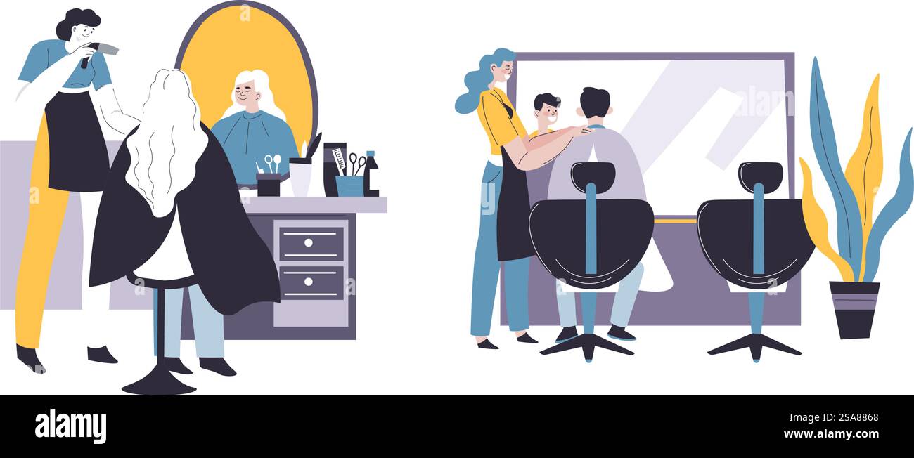 Illustration of a hair salon scene with stylists and clients. This ...