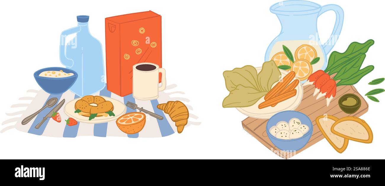 Cozy vector illustration of healthy breakfast spread, flat design style ...