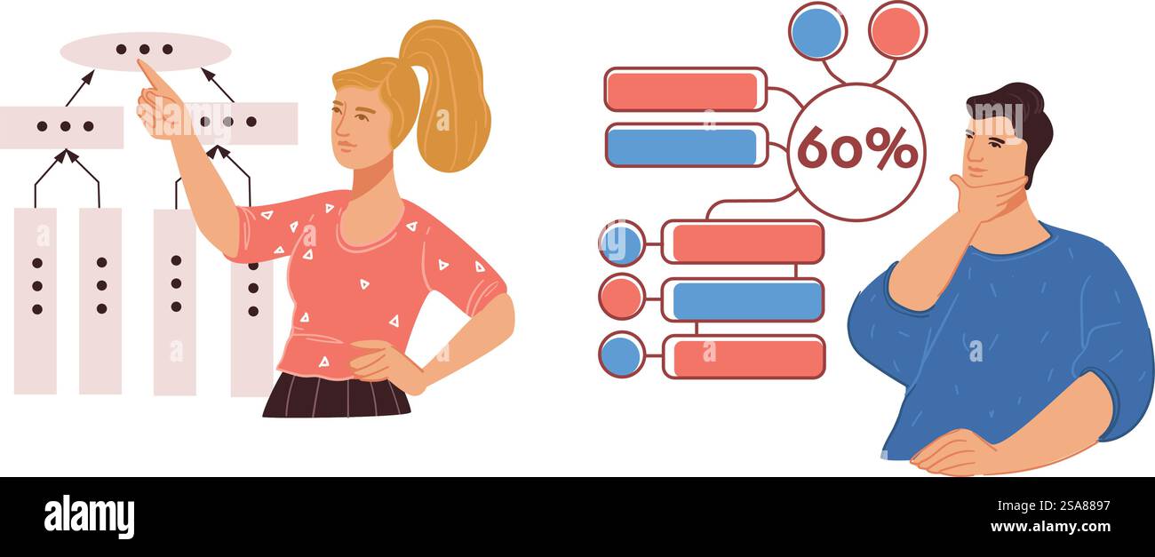 Vector illustration of a woman pointing to a flowchart, symbolizing ...