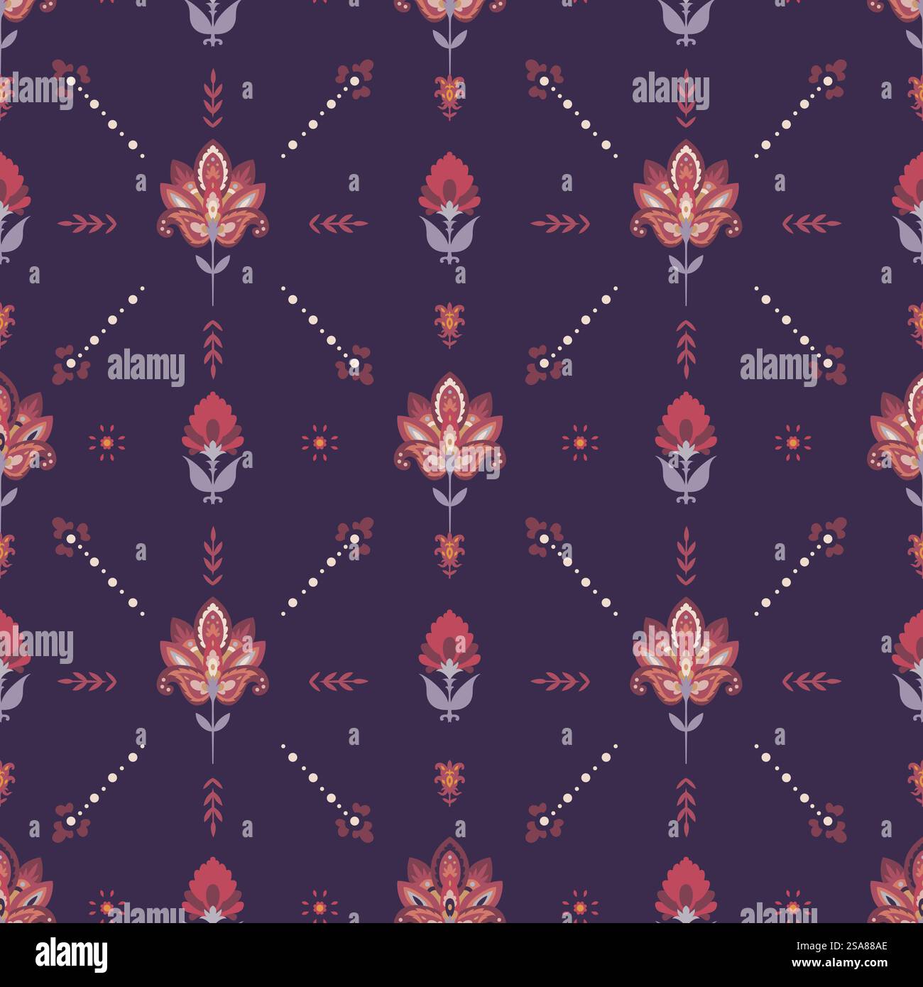 A detailed floral pattern with small motifs in warm colors, isolated on ...