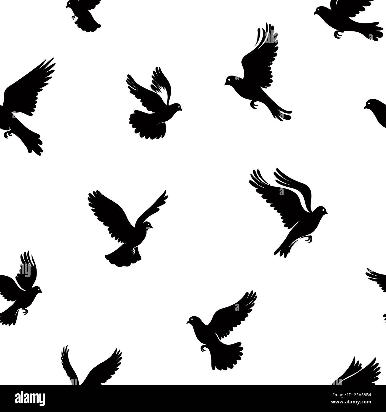 Seamless pattern featuring flying doves in a minimalist black and white ...