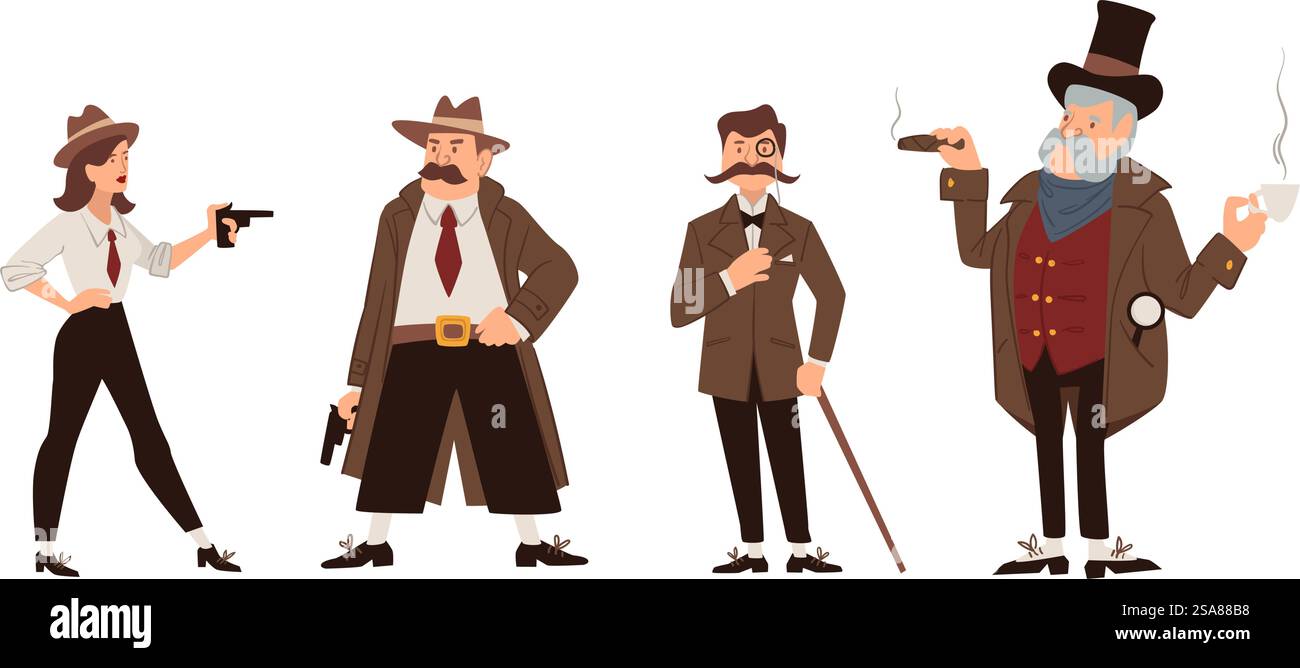 Stylized vector illustration of vintage characters, featuring classic ...