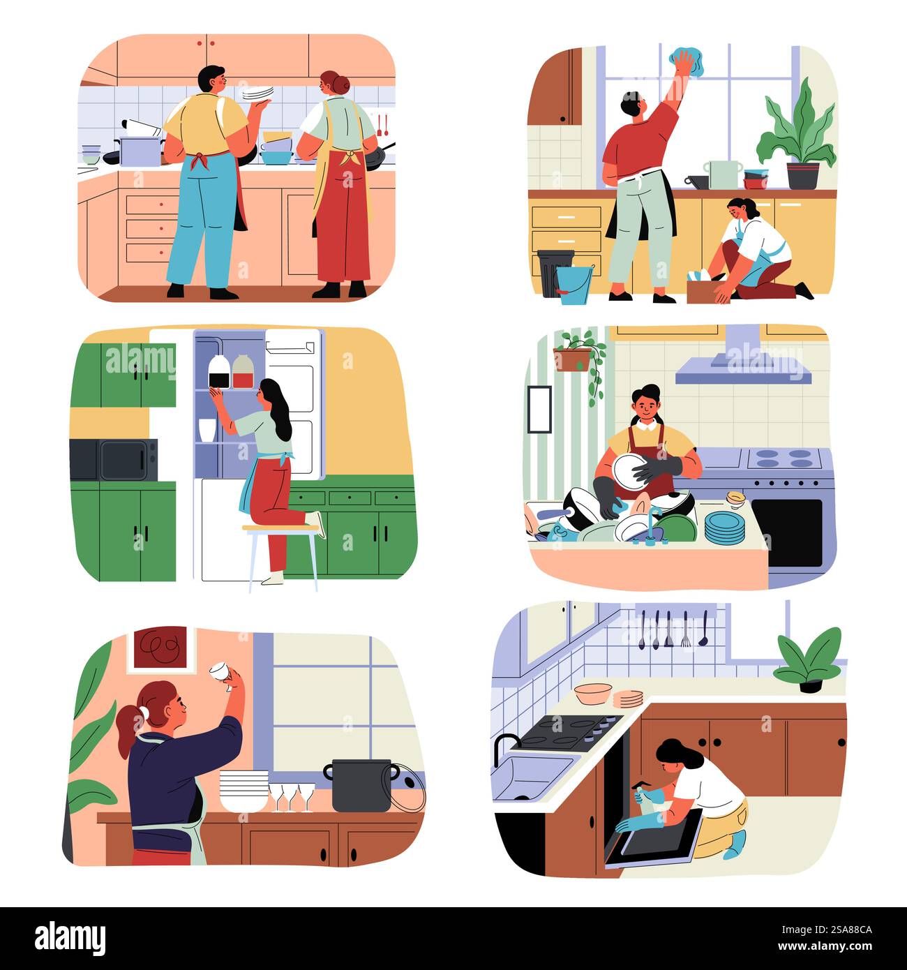 Set of illustrations depicting various kitchen cleaning activities ...