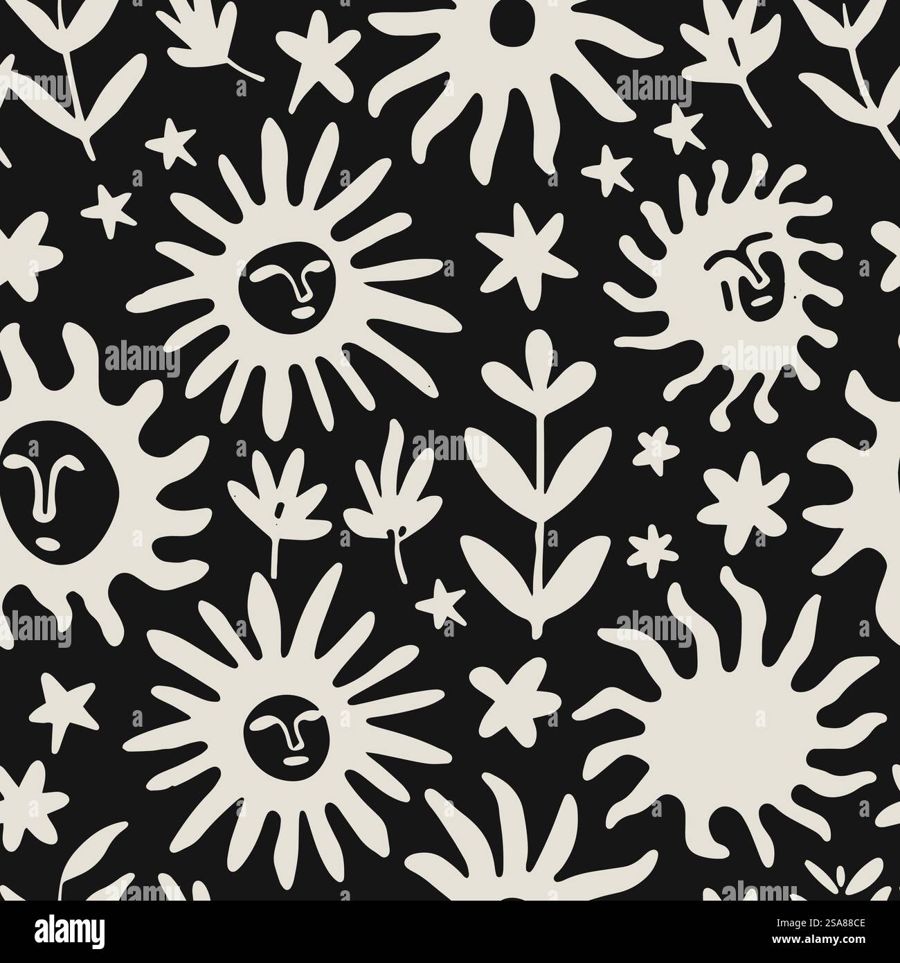 Vector illustration of a playful sun and plant motif pattern, isolated ...