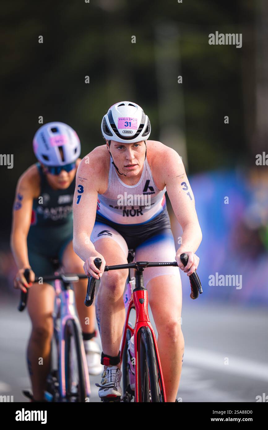 Solveig Løvseth participating in the triathlon at the Paris 2024 ...