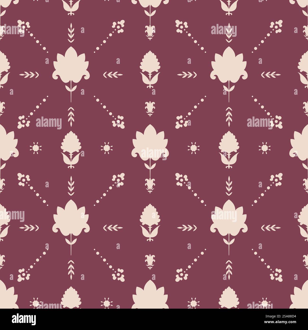 A seamless floral pattern in cream and maroon colors, featuring simple ...