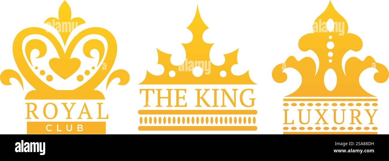 A series of regal logo designs featuring crowns and royal motifs in a ...