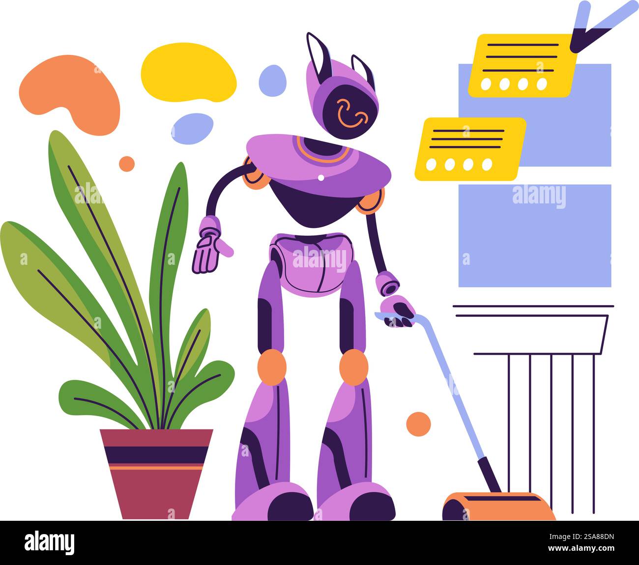 Illustration of a robot cleaning a home, in a colorful, modern flat ...