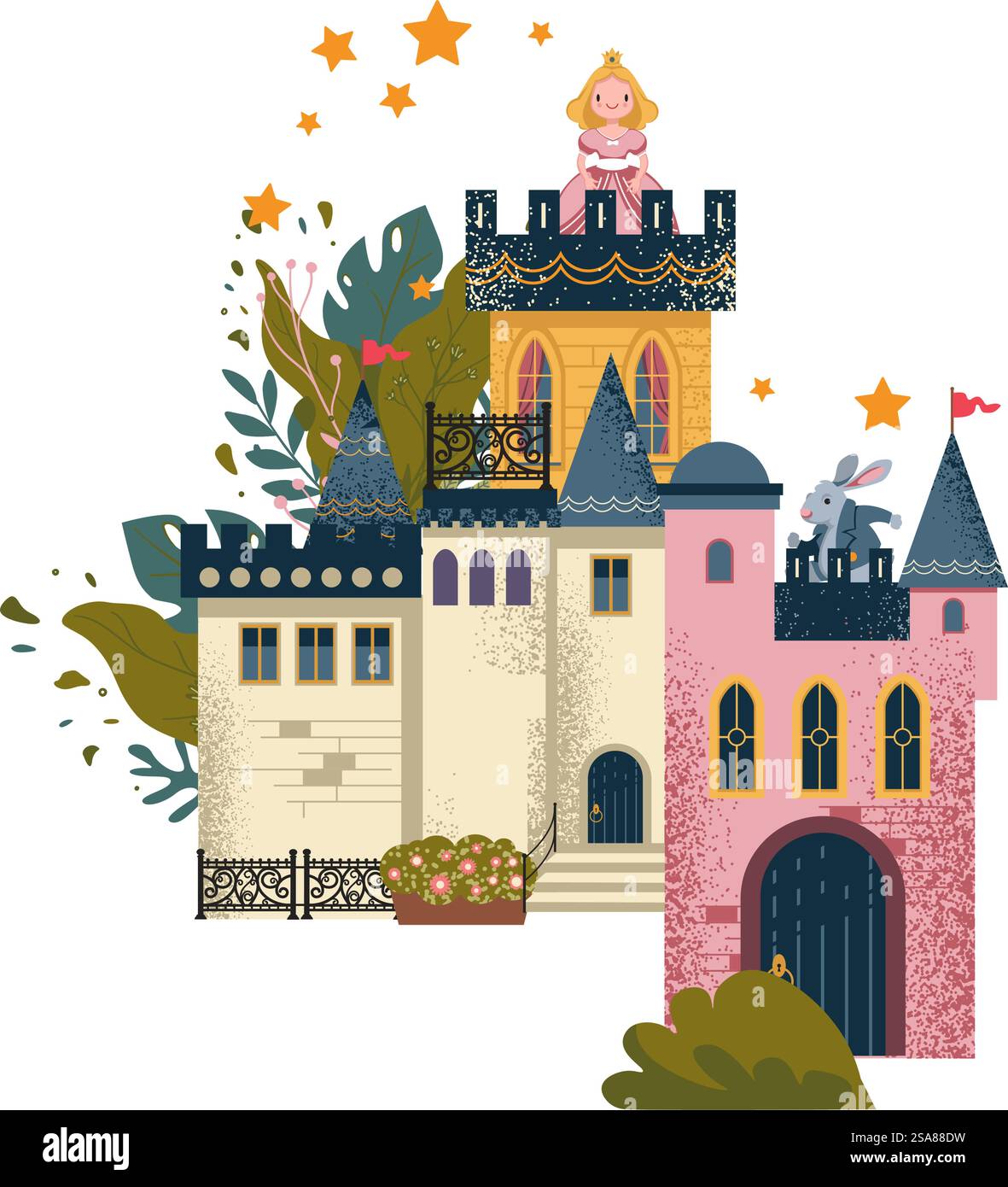 A vector illustration of a princess castle with a dragon, isolated on a ...