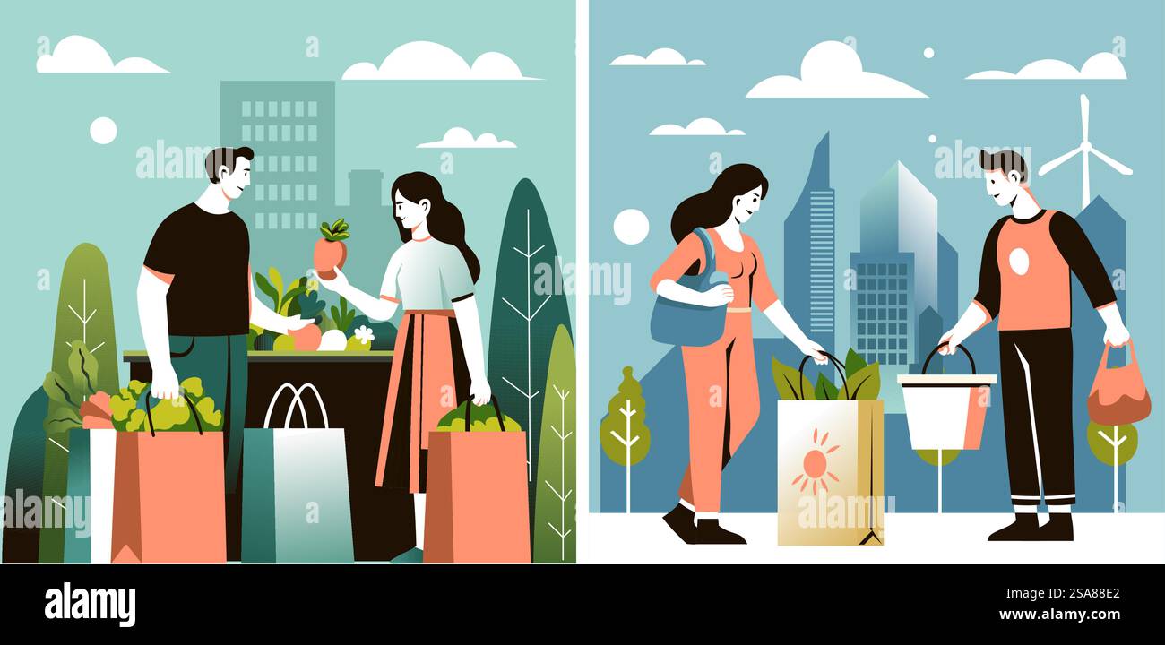 Vector illustration of people shopping with reusable bags in a city ...