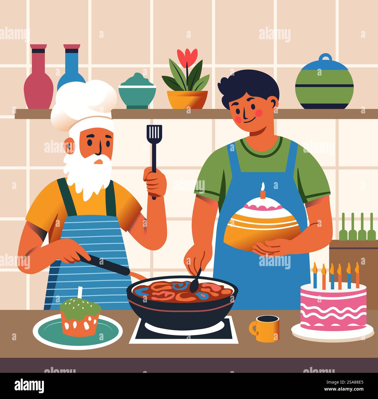 A stylized vector illustration showing a cheerful family cooking ...