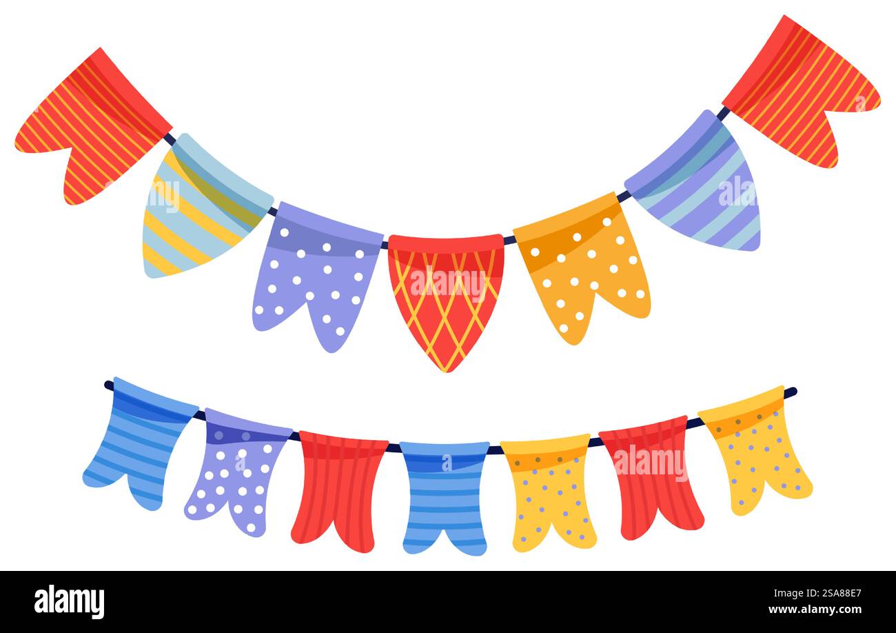 Festive bunting flags in bright colors and patterns, vector ...