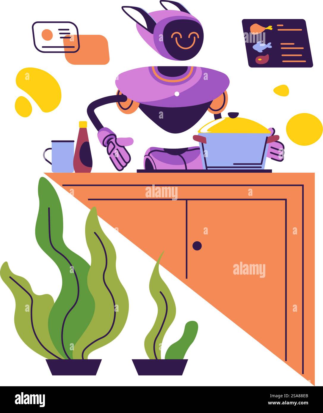 Illustration of a robot cooking in a kitchen, in a colorful, modern ...