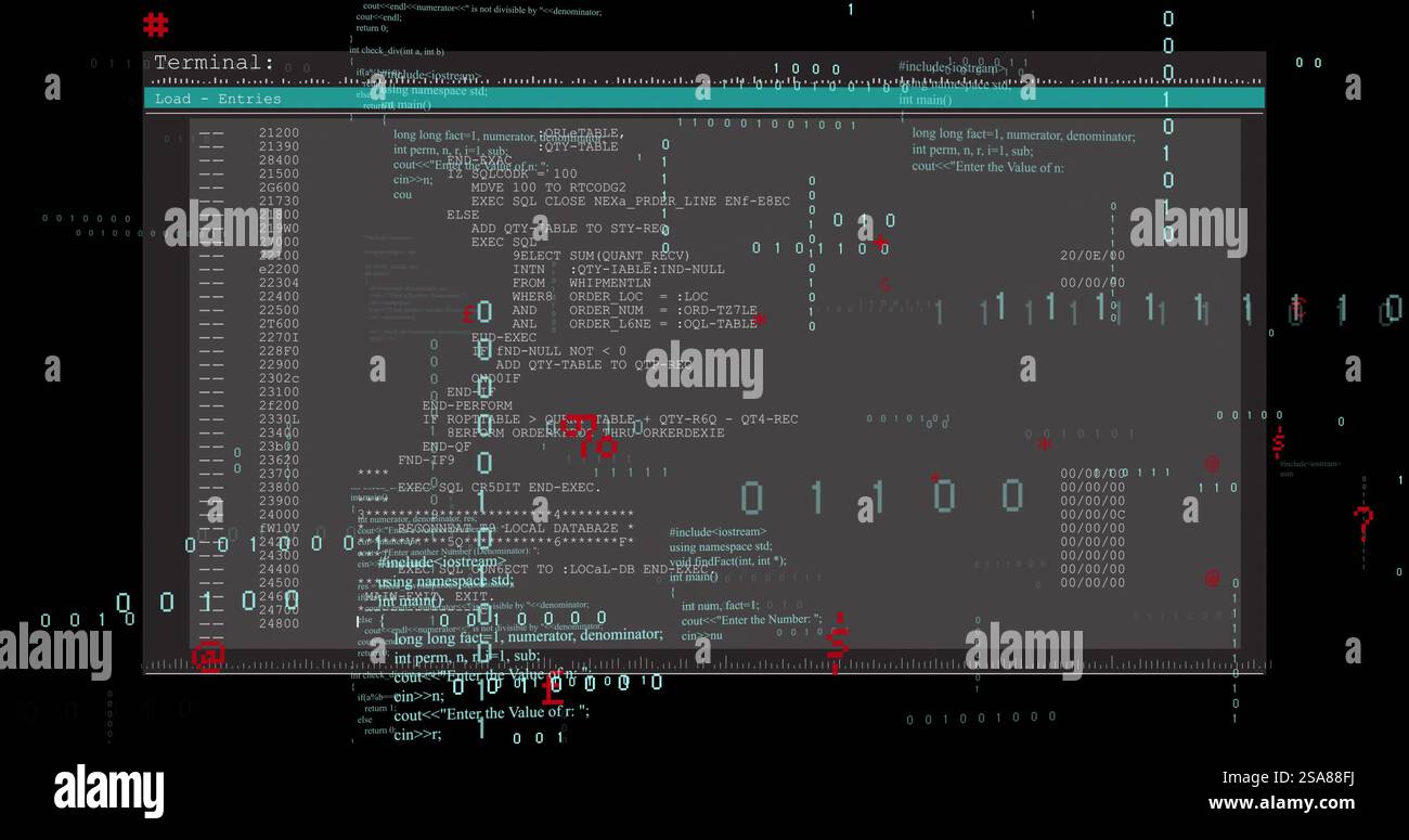 Image of layers of binary and text data processing on black background Stock Photo - Alamy