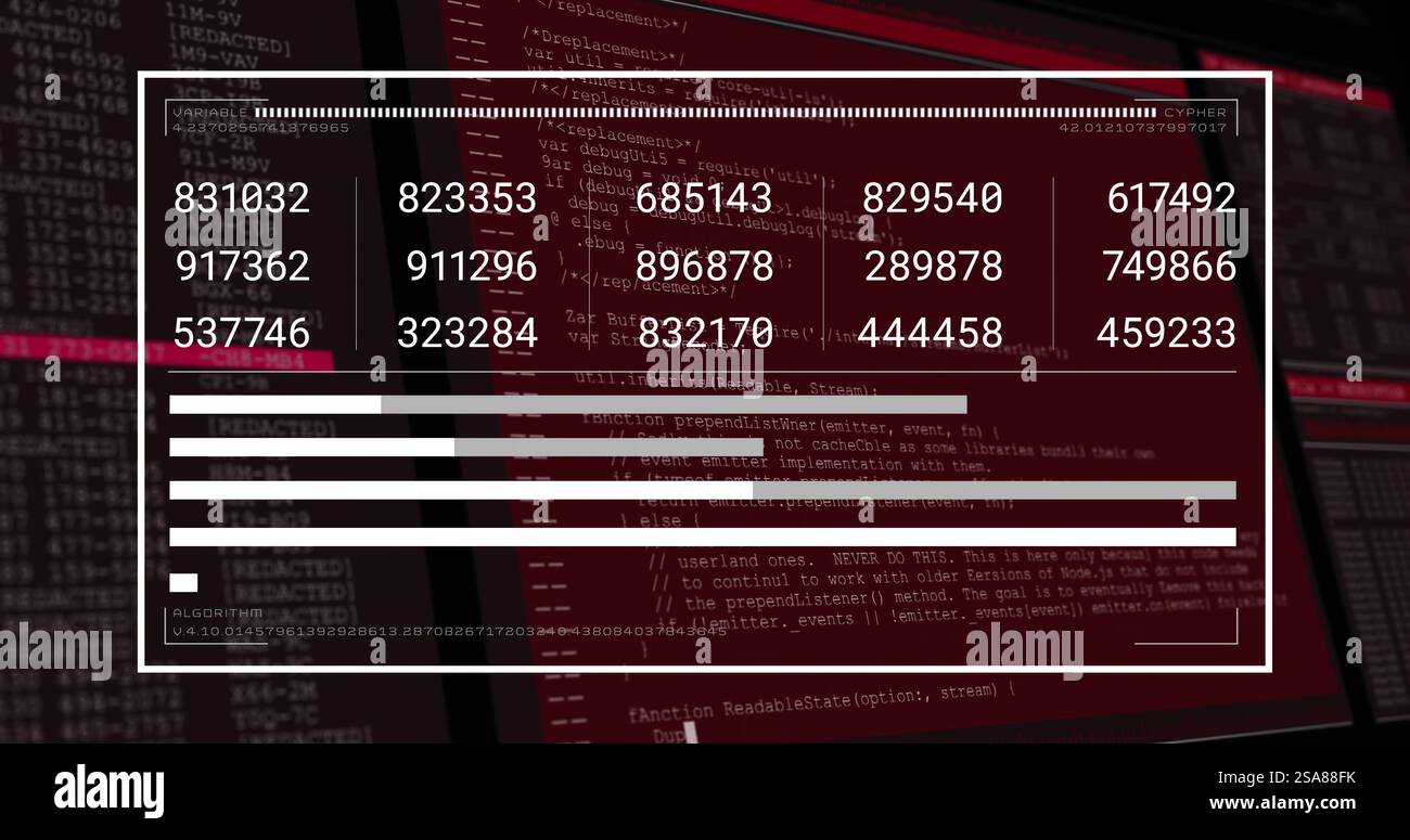 Image of layers of numeric and text data processing on black background ...