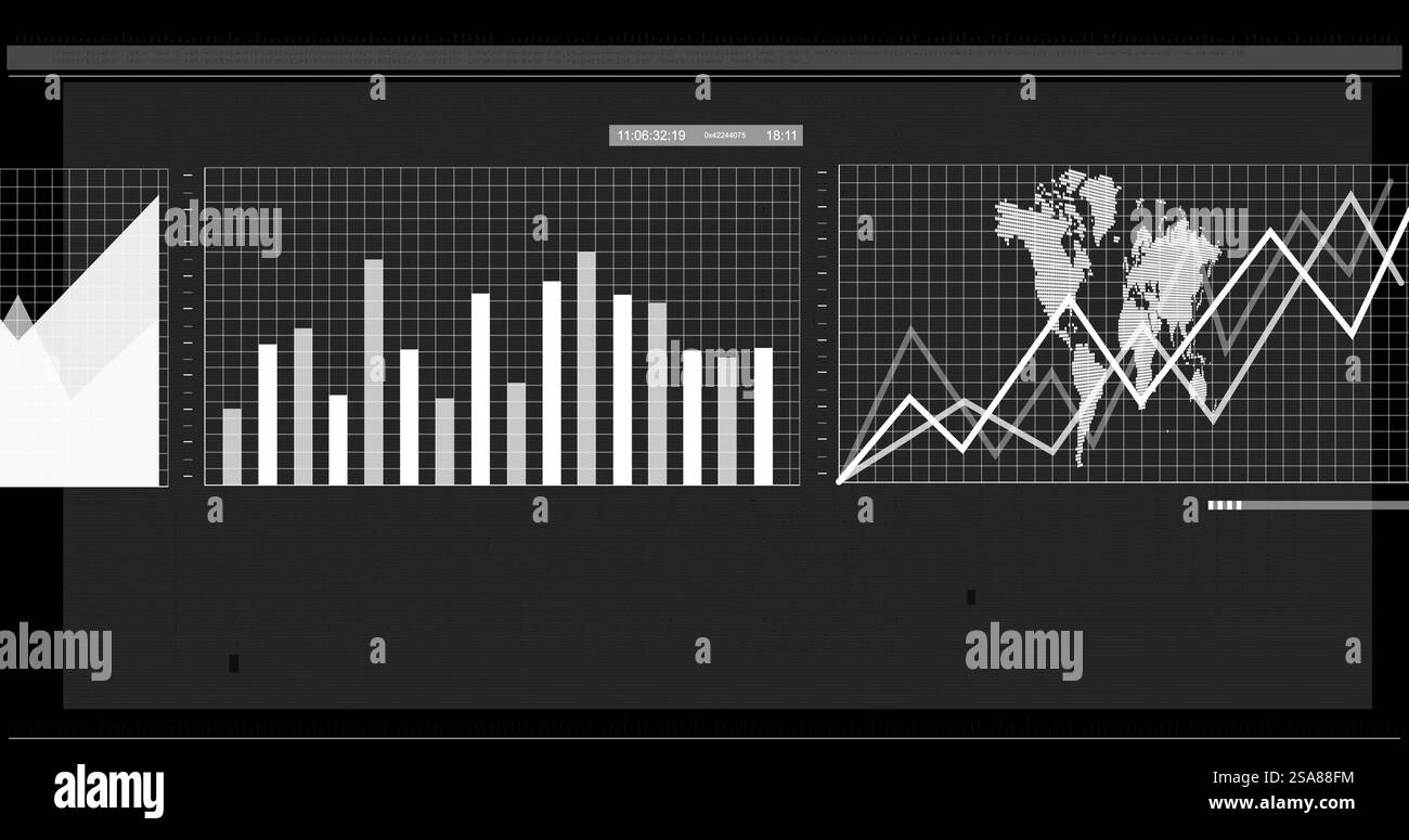 Image of white graphs and charts processing data on black background Stock Photo - Alamy