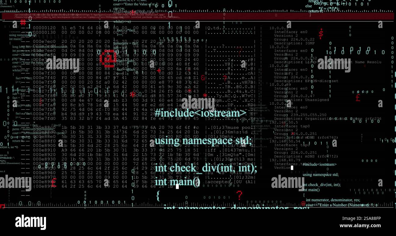 Image of layers of text and binary data processing on black background ...