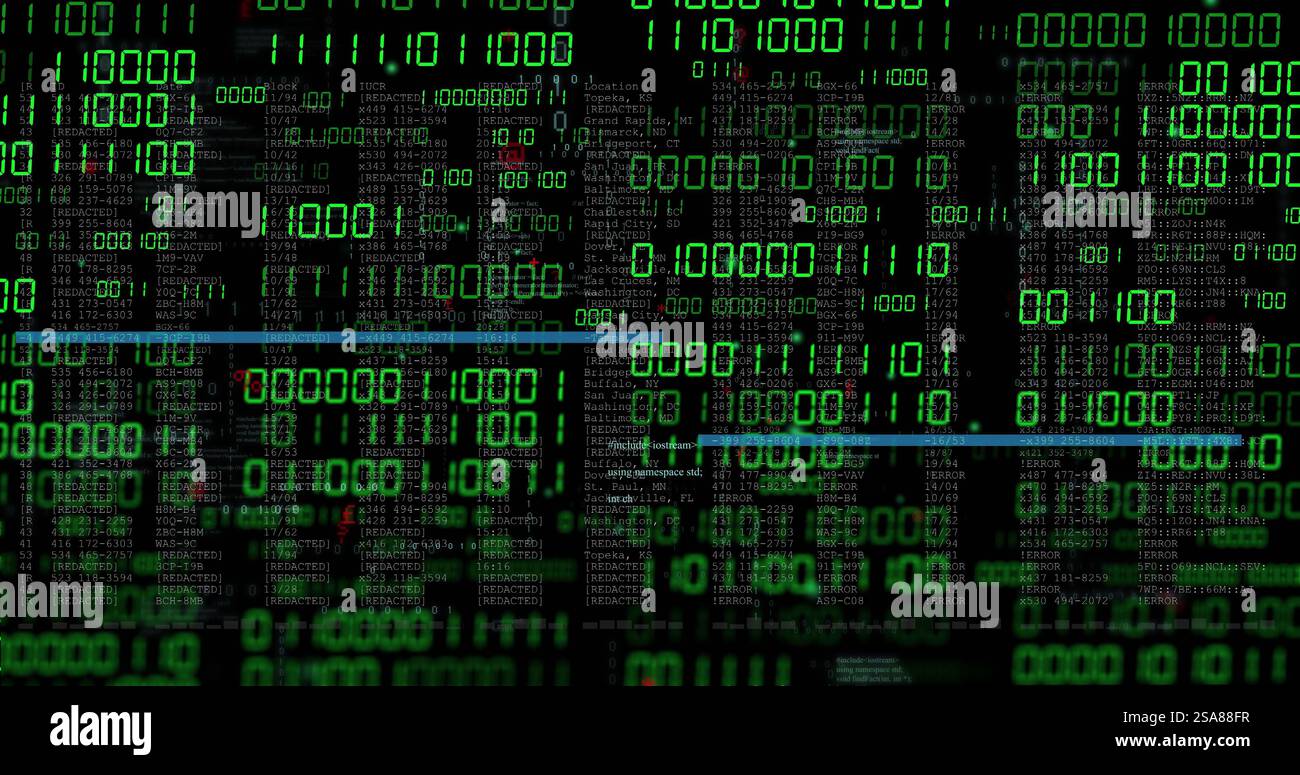 Image of blue lines and binary processing over text data on black ...