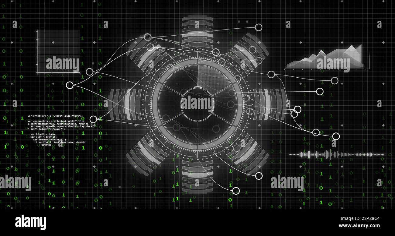Digital data processing and analysis image over futuristic interface with graphs and codes Stock ...