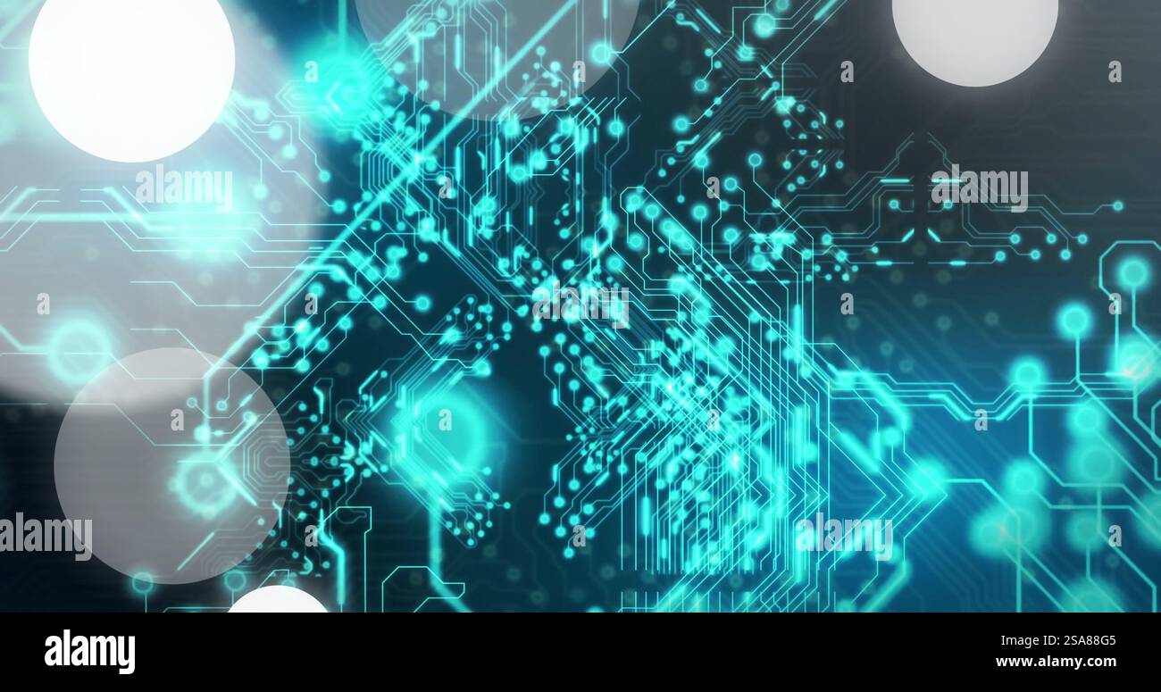 Image of white spots over network of connections. Technology, shapes ...