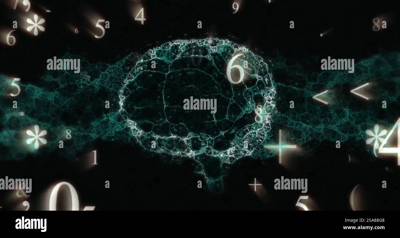 Image of numeric data and symbols over glowing brain network on dark ...