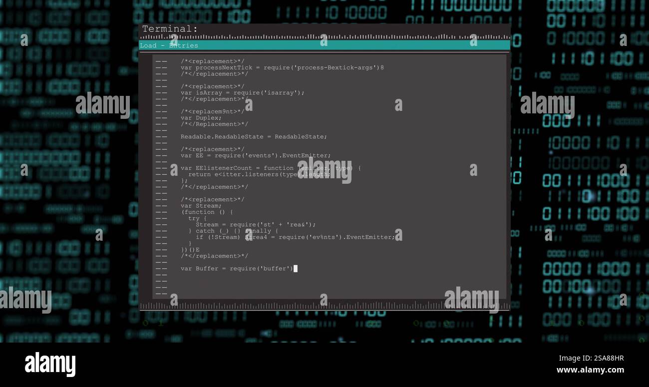 Image of binary data and text processing on interface with grey and black background. Connection ...