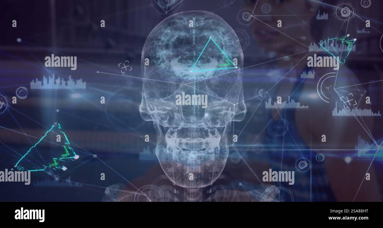 Image of triangles, head x ray scan, networks and data over asian woman ...