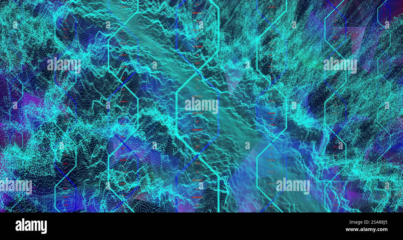 Image of dna strands and shapes moving on black background. Shapes ...