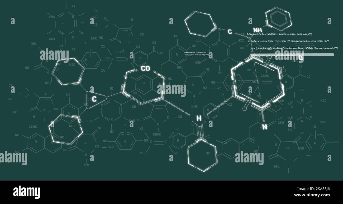 Image of chemical formula and data processing on green background Stock ...