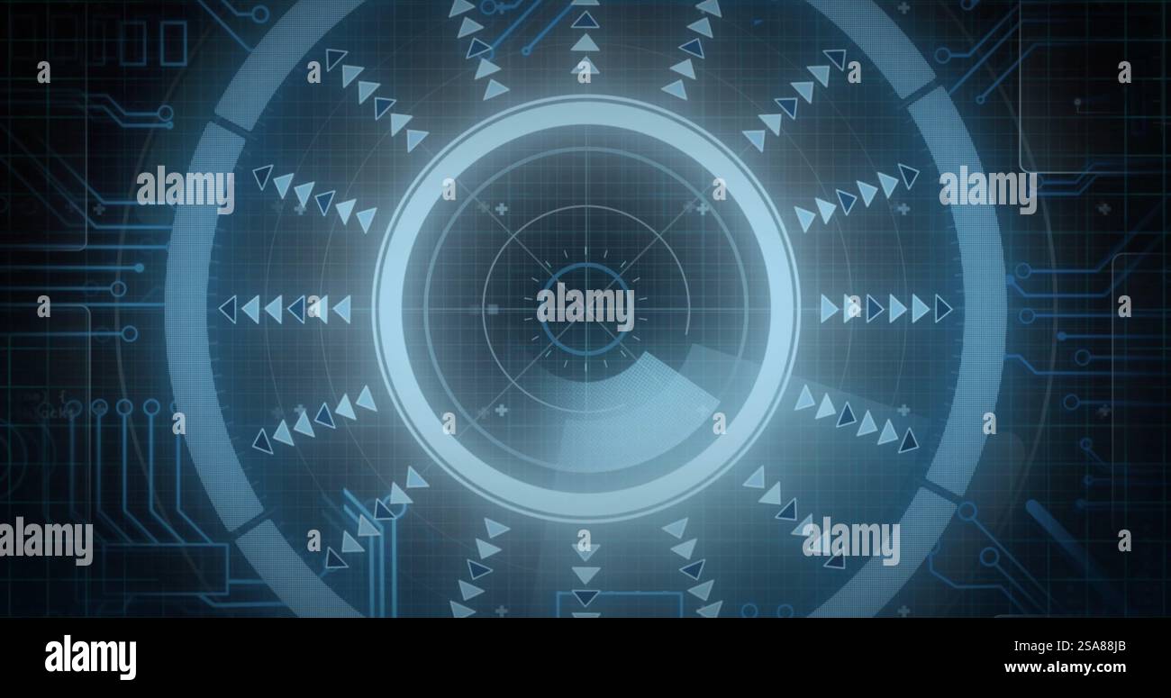 Image of circuit board and digital data processing over black ...