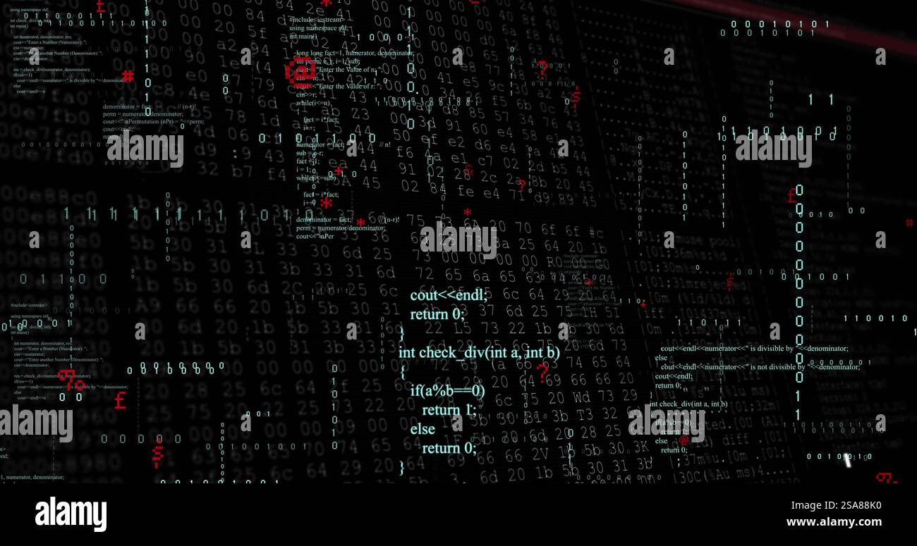 Binary code and data analysis image over dark background with red ...