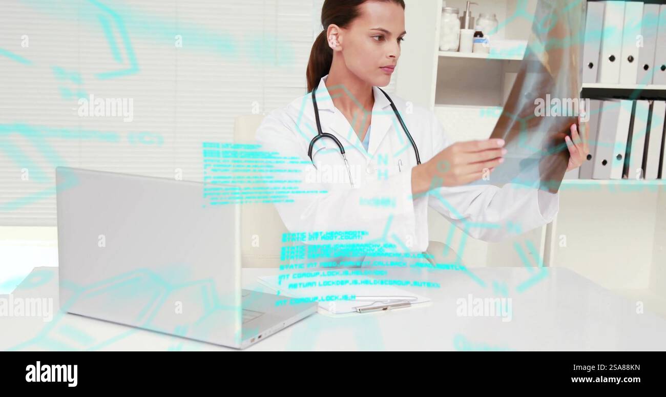 Image of blue data processing over biracial female doctor working at ...