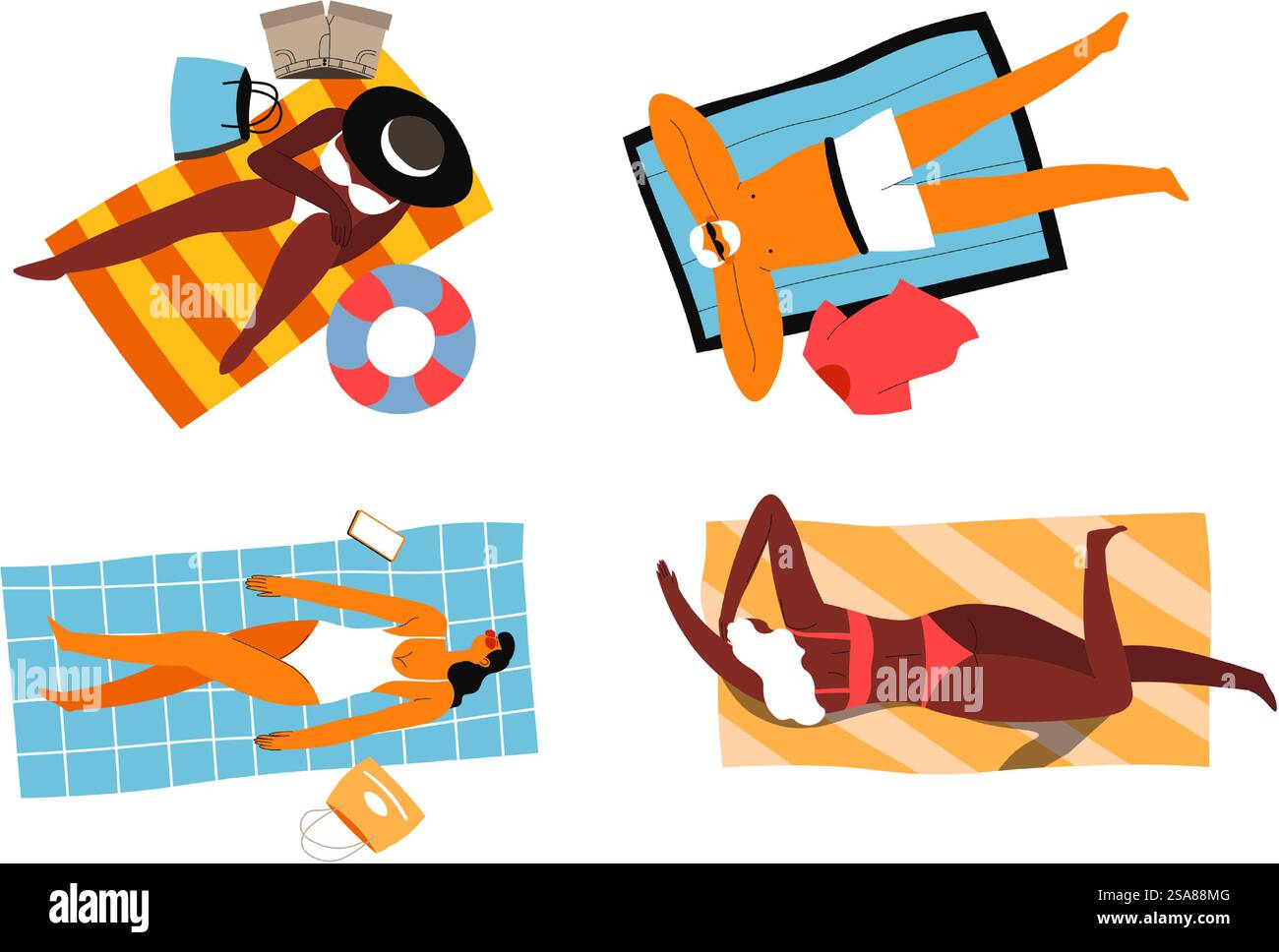 Four people sunbathing on the beach with various items like towels ...