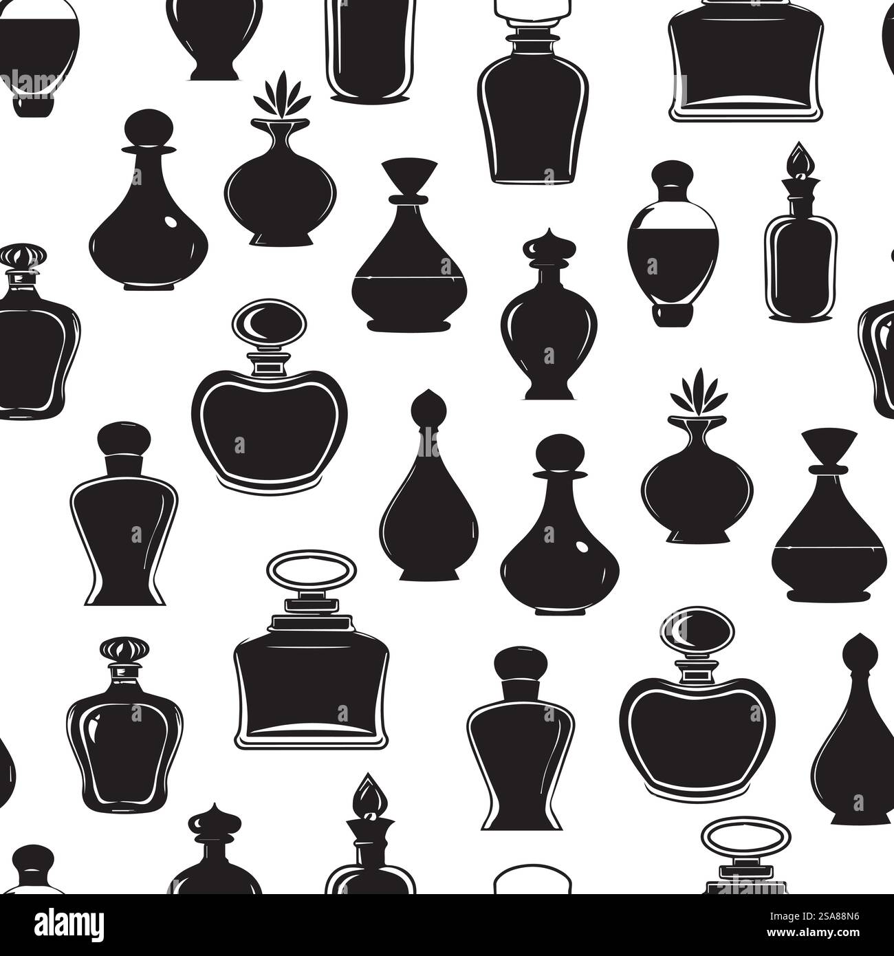 Pattern of various black perfume bottles in a simple, minimalist style ...