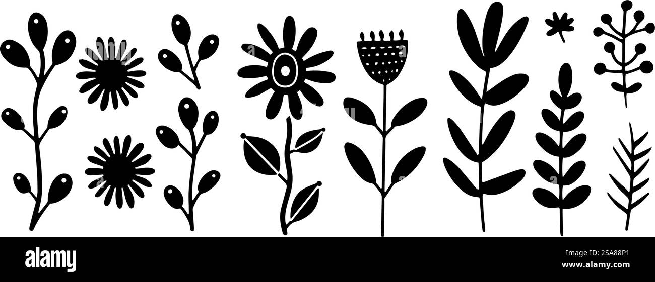 Various flowers in a folk art style, black and white vector ...