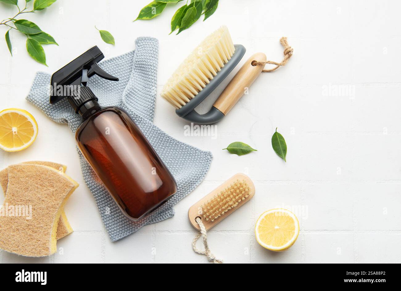 Natural cleaning products, lemon, sponges and brushes for sustainable ...
