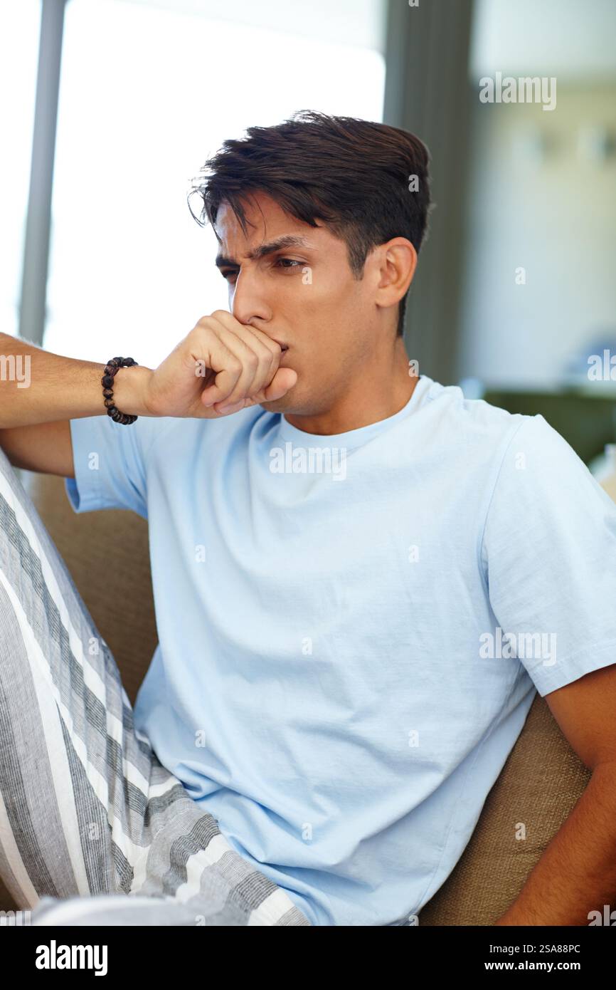 Sad, heartbreak and man with stress, house and thinking with depression ...