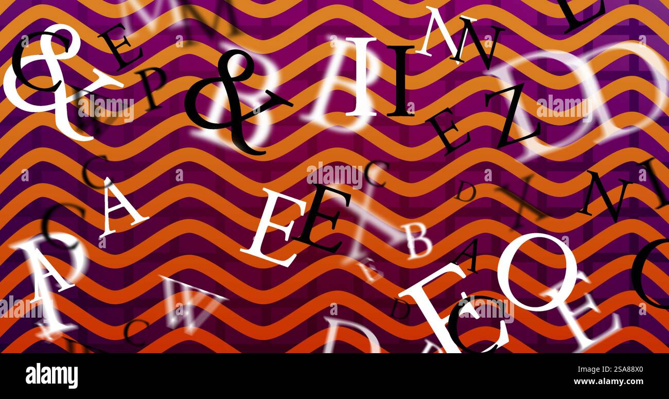 Image of black and white letters moving over pink and orange striped ...