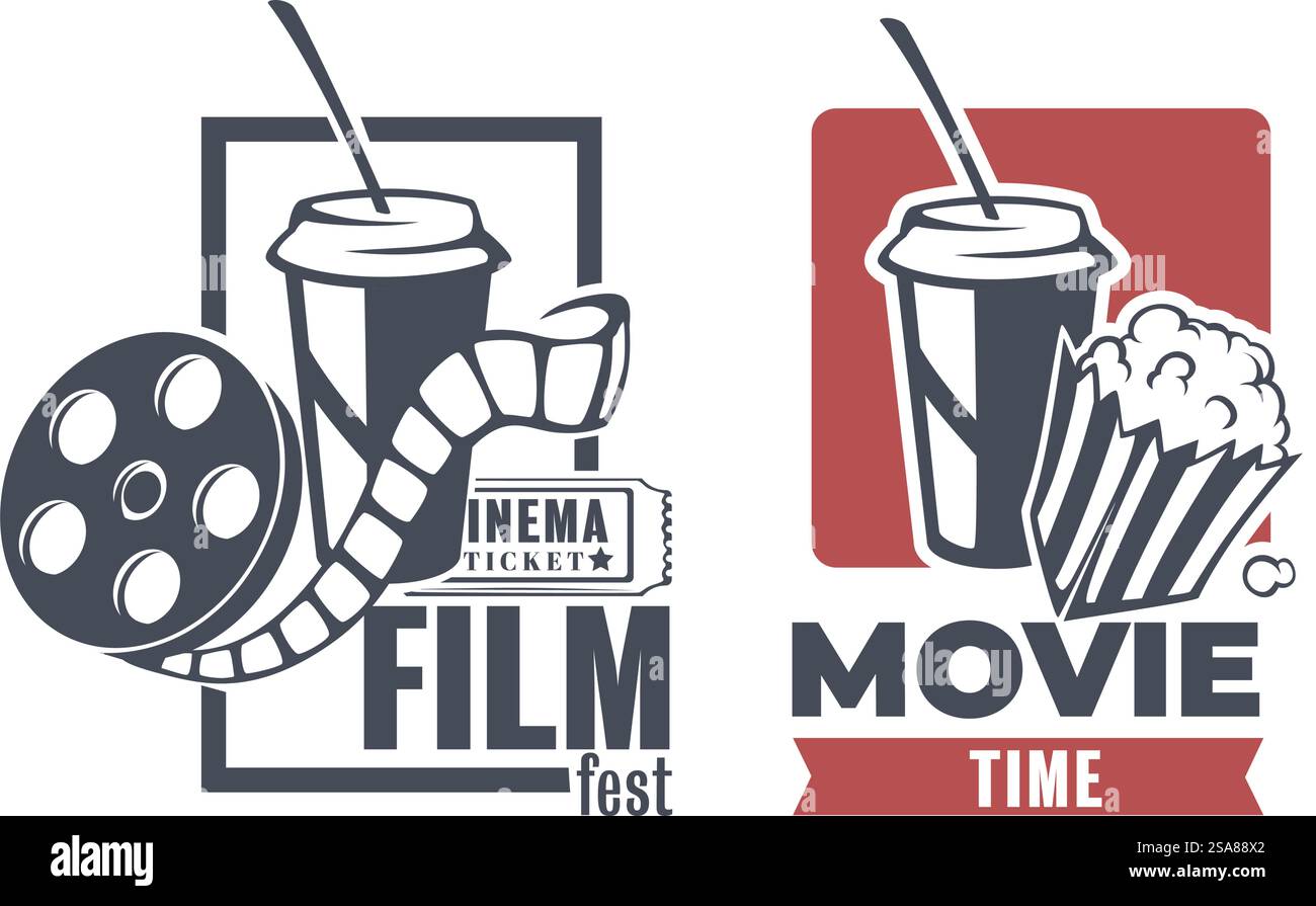 A playful set of movie-themed logos combining popcorn and drinks ...