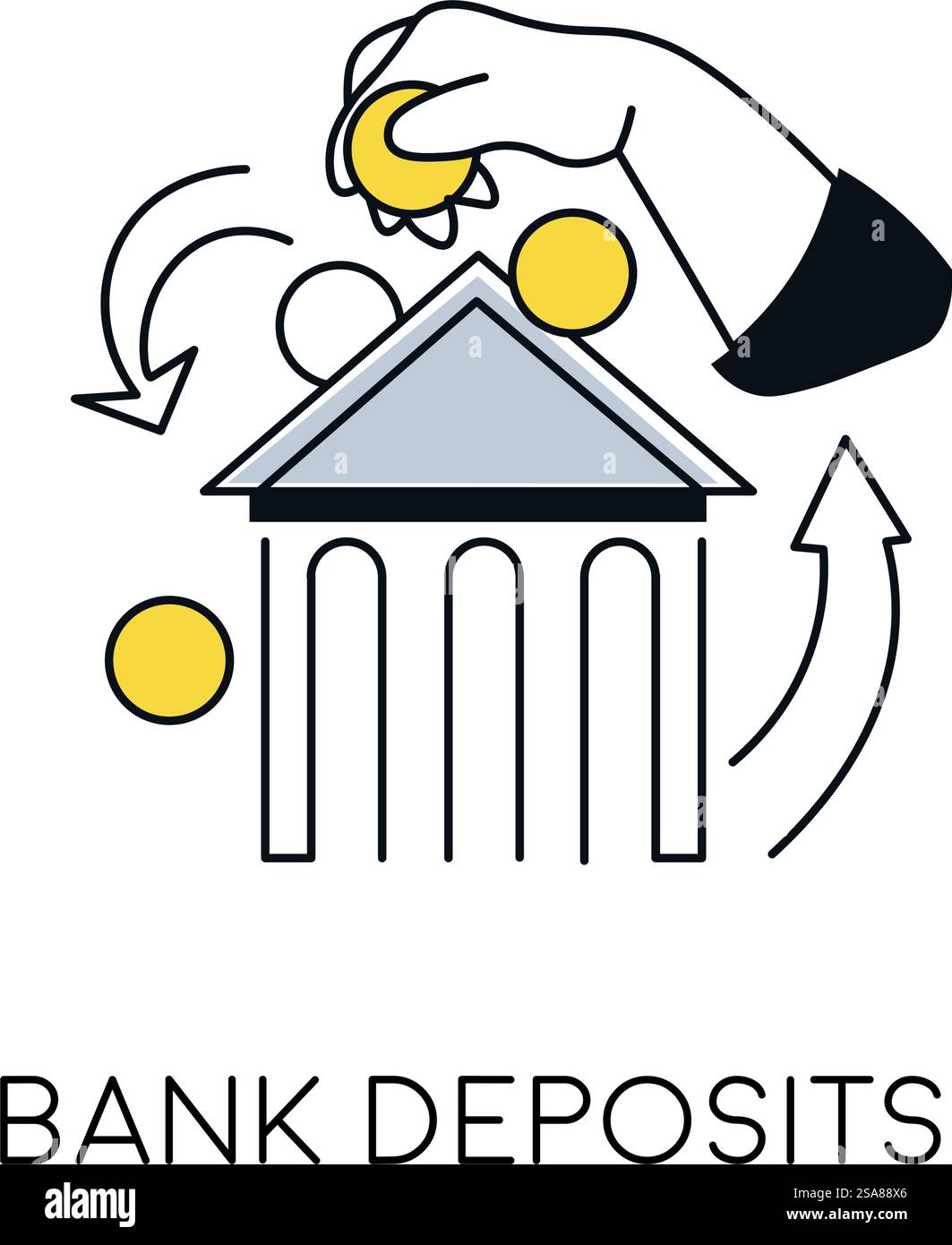 Hand placing coin into bank representing deposits concept, vector ...